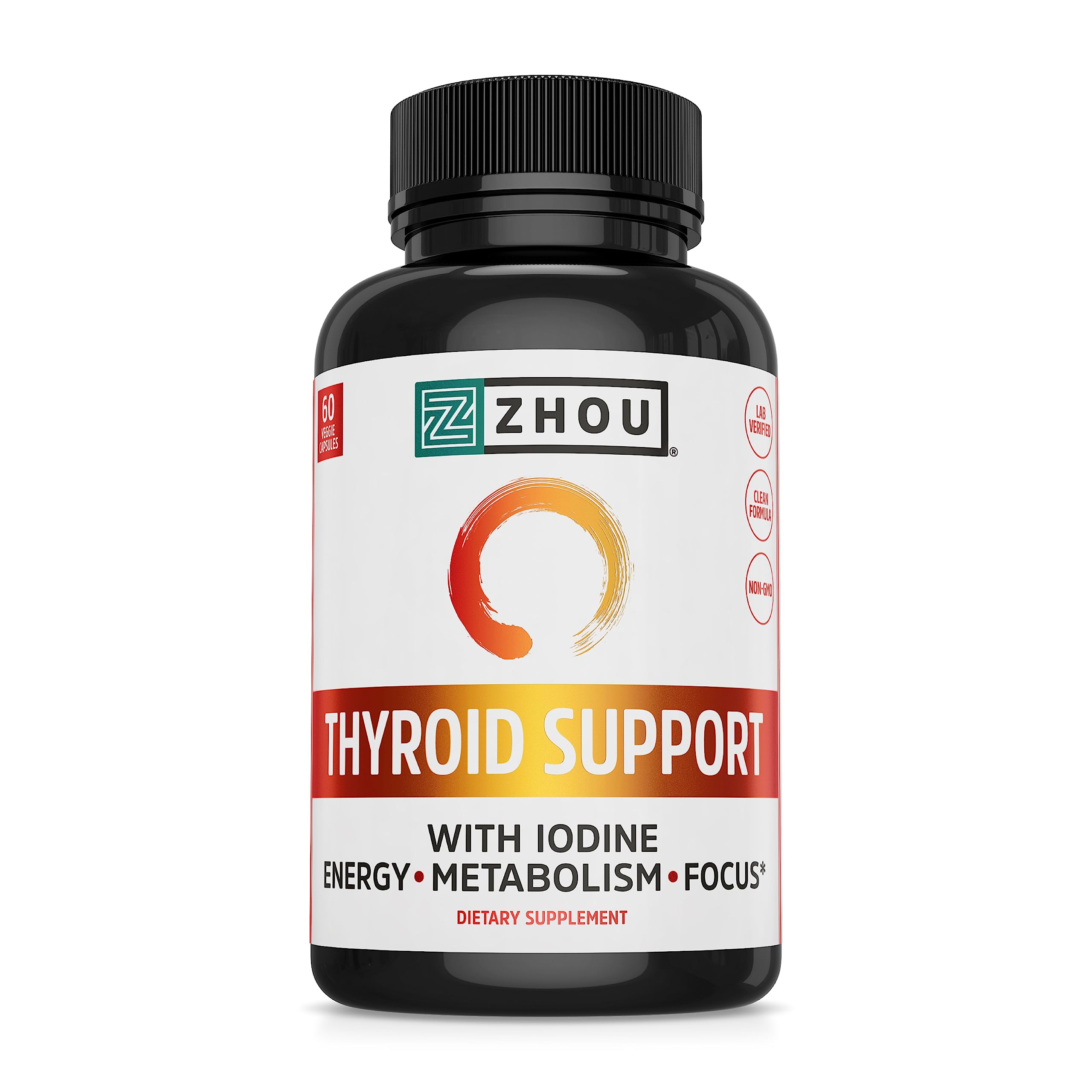 Zhou Thyroid Support Complex with Iodine Supplement, Increase Energy, Fight Brain Fog with Vitamin B12, Iodine, Magnesium, Zinc, Selenium, No Soy, Gluten-Free, 30 Servings, 60 Caps