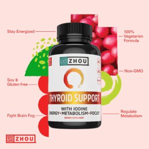 Zhou Thyroid Support Complex with Iodine Supplement, Increase Energy, Fight Brain Fog with Vitamin B12, Iodine, Magnesium, Zinc, Selenium, No Soy, Gluten-Free, 30 Servings, 60 Caps