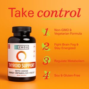 Zhou Thyroid Support Complex with Iodine Supplement, Increase Energy, Fight Brain Fog with Vitamin B12, Iodine, Magnesium, Zinc, Selenium, No Soy, Gluten-Free, 30 Servings, 60 Caps