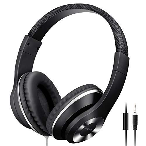 Ausdom Kids Headphones Lightweight Over-Ear Wired HiFi Stereo Headphones with Built-in Mic Comfortable Leather Earphones- Black