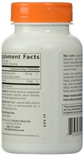 Doctor's Best Lutein with OptiLut, Non-GMO, Vegan, Gluten Free, Soy Free, Eye Health, 10 mg, 120 Veggie Caps