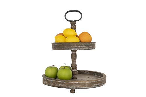 Creative Co-Op Distressed Brown Wood Metal Handle Two-Tier Tray 15 x 15 Inch