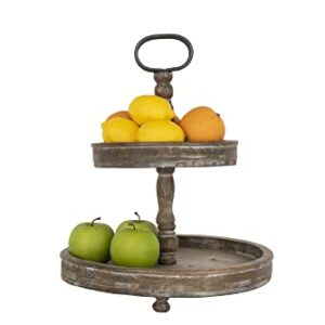 Creative Co-Op Distressed Brown Wood Metal Handle Two-Tier Tray 15 x 15 Inch