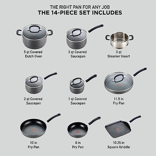 T-fal Ultimate Hard Anodized Nonstick Cookware Set 14 Piece Pots and Pans, Dishwasher Safe Black