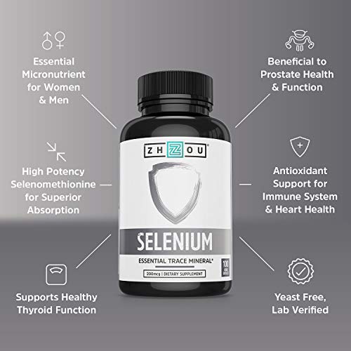 Zhou Selenium 200mcg | for Thyroid, Prostate and Heart Health | Essential Trace Mineral with Superior Absorption | No Yeast | 100 Veg Caps