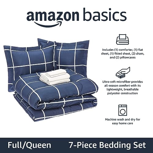 Amazon Basics Lightweight Microfiber Bed-in-a-Bag Comforter 7-Piece Bedding Set, Full/Queen, Navy with Simple Plaid