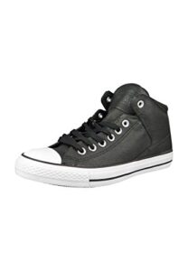 converse women and men street leather high top sneaker, black/black/white, us 11w 9m