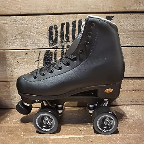 Sure Grip Fame Men & Women Premium Roller Skates Black Leatherette | Stylish Skates for Indoors - Double Structure, Stronger Grip, Extra Long Laces - Suitable for Beginners