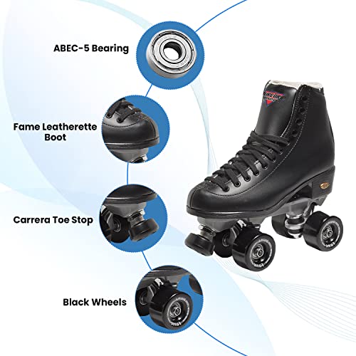 Sure Grip Fame Men & Women Premium Roller Skates Black Leatherette | Stylish Skates for Indoors - Double Structure, Stronger Grip, Extra Long Laces - Suitable for Beginners