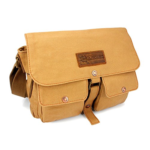 GEARONIC Men Women Vintage Canvas Leather Tote Satchel College Military Shoulder Messenger Sling Crossbody Hiking Bag Backpack For Toiletry Gym Travel Work Laptop-Khaki