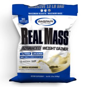 gaspari nutrition real mass, advanced weight gainer, high protein, gycofuse carbs, and creatine monohydrate, modern formulation for mass (12 pounds, vanilla milkshake)