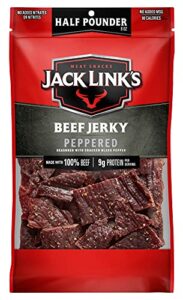 jack link's beef jerky, peppered, 1/2 pounder bag - flavorful meat snack, 9g of protein and 80 calories, made with premium beef - 96% fat free, no added msg** or nitrates/nitrites