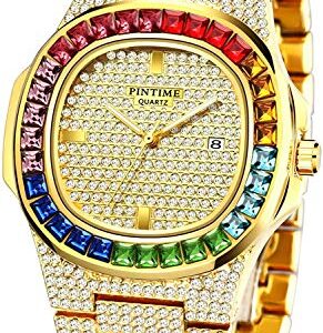 FANMIS Luxury Bling-ed Out Colorful Full Diamond Watches Gold Fashion Quartz Analog Stainless Steel Band Bracelet Wrist Watch