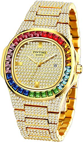 FANMIS Luxury Bling-ed Out Colorful Full Diamond Watches Gold Fashion Quartz Analog Stainless Steel Band Bracelet Wrist Watch