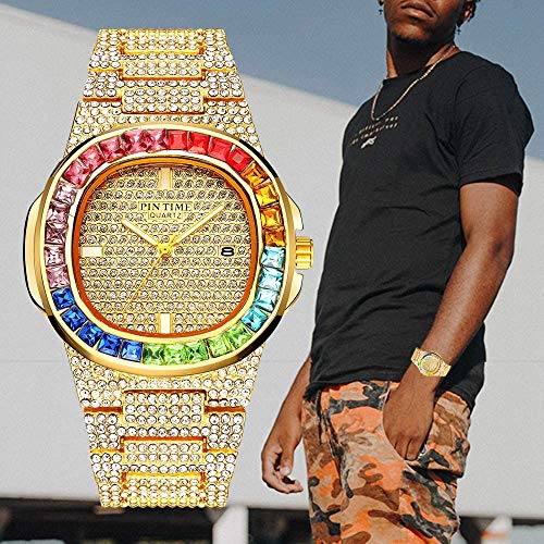 FANMIS Luxury Bling-ed Out Colorful Full Diamond Watches Gold Fashion Quartz Analog Stainless Steel Band Bracelet Wrist Watch