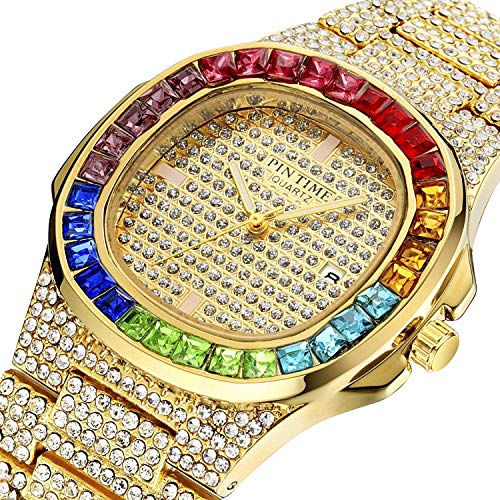 FANMIS Luxury Bling-ed Out Colorful Full Diamond Watches Gold Fashion Quartz Analog Stainless Steel Band Bracelet Wrist Watch