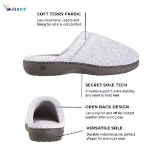 isotoner Women's Terry Slip On Clog Slipper with Memory Foam for Indoor/Outdoor Comfort, Heather Grey Rounded, 9.5-10