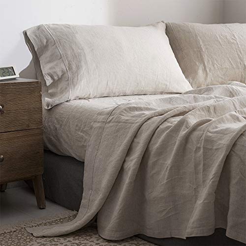 Simple&Opulence 100% Washed Linen Sheet Set-Queen Size-Natural France Flax Bed Sheet-4 Pcs Breathable,Ultra Soft,Farmhouse Bedding (1 Flat Sheet,1 Fitted Sheet,2 Pillowcases)-Embroidery Linen