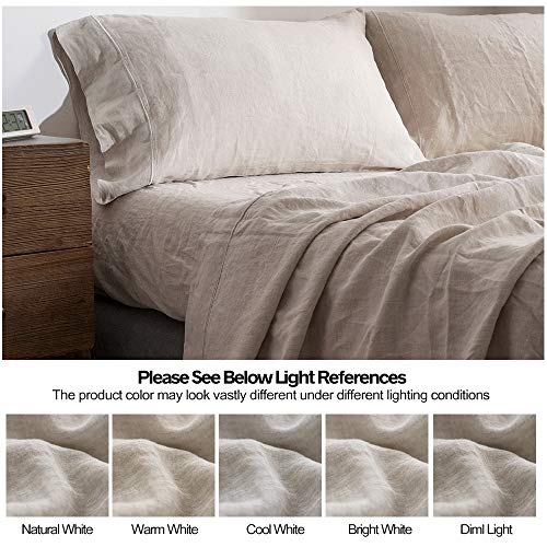 Simple&Opulence 100% Washed Linen Sheet Set-Queen Size-Natural France Flax Bed Sheet-4 Pcs Breathable,Ultra Soft,Farmhouse Bedding (1 Flat Sheet,1 Fitted Sheet,2 Pillowcases)-Embroidery Linen