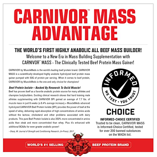 MuscleMeds Carnivor Mass Anabolic Beef Protein Gainer, Strawberry, 6 Pound