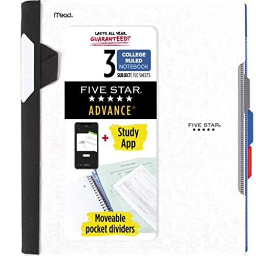 Five Star Advance Spiral Notebook Plus Study App, 3 Subject, College Ruled Paper, 11" x 8-1/2", 150 Sheets, With Spiral Guard and Movable Dividers, White, 1 Count (73142)