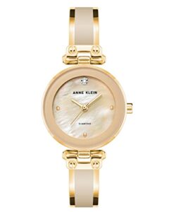 anne klein women's ak/1980tmgb diamond-accented dial tan and gold-tone bangle watch