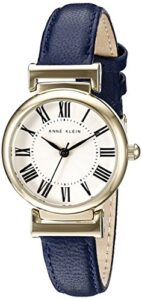 anne klein women's ak/2246crnv gold-tone and navy blue leather strap watch