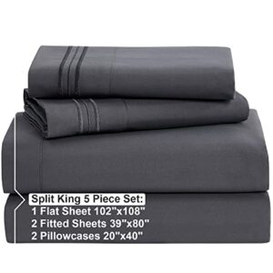 Nestl Split King Sheets for Adjustable Beds - 5 Piece Split King Sheets Set, Deep Pocket, Hotel Luxury, Extra Soft, Breathable and Cooling, Grey Split King Bed Sheets