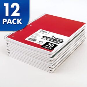 Mead Spiral Notebooks, 12 Pack, 1-Subject, College Ruled Paper, 10-1/2" x 8", 70 Sheets per Notebook, Color Will Vary (73703)