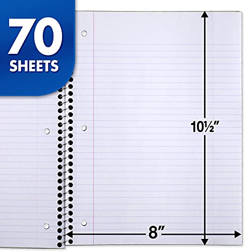 Mead Spiral Notebooks, 12 Pack, 1-Subject, College Ruled Paper, 10-1/2" x 8", 70 Sheets per Notebook, Color Will Vary (73703)