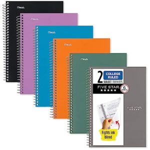 five star small spiral notebooks, 6 pack, 2 subject, college ruled paper, 9-1/2" x 6", 100 sheets, amethyst purple, sedona orange, seaglass green, tidewater blue, gray, black (73711)