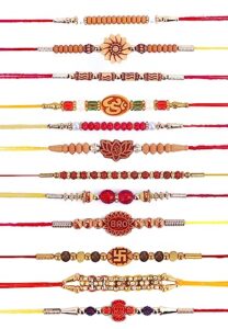 craftsman 12 pc rakhi for brother bhaiya bhabhi traditional handmade assorted designer rakhi set roli chawal, greeting card & soun stickers rakhi thread rakhdi bracelets rakshabandhan (design 1)