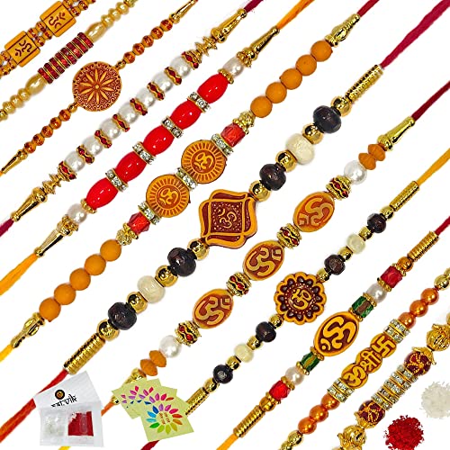 Craftsman 12 Pc Rakhi for Brother Bhaiya Bhabhi Traditional Handmade Assorted Designer Rakhi Set Roli Chawal, Greeting Card & Soun Stickers Rakhi Thread Rakhdi Bracelets Rakshabandhan (DESIGN 1)