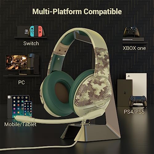 NUBWO N8 Gaming Headset for PC, PS4, Xbox One, PS5 Headset with Mic, Bendable Cardioid Microphone, Soft Memory Earmuffs for Laptop - Desert Camouflage