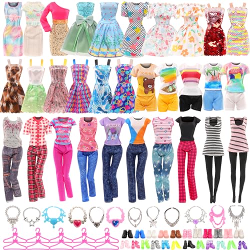 BARWA 41 Pack Doll Clothes and Accessories 5 PCS Fashion Dresses 5 Tops 5 Pants Outfits 10 PCS Mini Dresses 10shoes 6 Necklace 5 Glasses for 11.5 inch Doll