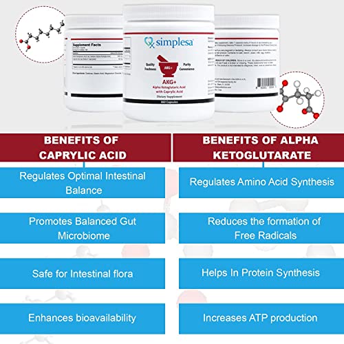 SIMPLESA NUTRITION - AKG+, Alpha Ketoglutaric Acid Plus Caprylic Acid, Improves Muscle Recovery, Increases Cell’s Energy Process, Helps to Get Lean Body, 360 Capsules, Made in USA, Non-GMO