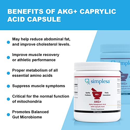 SIMPLESA NUTRITION - AKG+, Alpha Ketoglutaric Acid Plus Caprylic Acid, Improves Muscle Recovery, Increases Cell’s Energy Process, Helps to Get Lean Body, 360 Capsules, Made in USA, Non-GMO