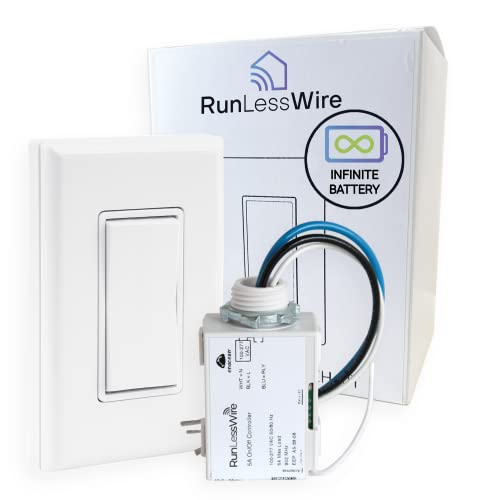 RunLessWire - The Original Self-Powered (NO Batteries) Wireless Light Switch & Receiver Kit, No WiFi Needed, DIY, Remote 150+ft RF Range - Basic: 1 Receiver, 1 Switch - White