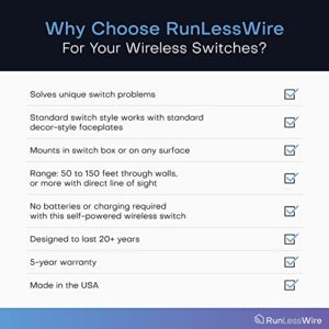 RunLessWire - The Original Self-Powered (NO Batteries) Wireless Light Switch & Receiver Kit, No WiFi Needed, DIY, Remote 150+ft RF Range - Basic: 1 Receiver, 1 Switch - White