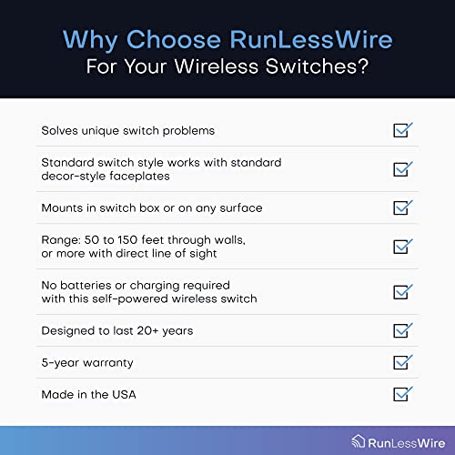 RunLessWire - The Original Self-Powered (NO Batteries) Wireless Light Switch & Receiver Kit, No WiFi Needed, DIY, Remote 150+ft RF Range - Basic: 1 Receiver, 1 Switch - White