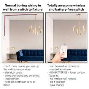 RunLessWire - The Original Self-Powered (NO Batteries) Wireless Light Switch & Receiver Kit, No WiFi Needed, DIY, Remote 150+ft RF Range - Basic: 1 Receiver, 1 Switch - White