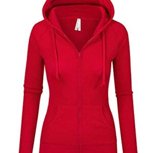 TL Women's Solid Warm Thin Thermal Knitted Casual Zip-Up Hoodie Jacket RED,Medium