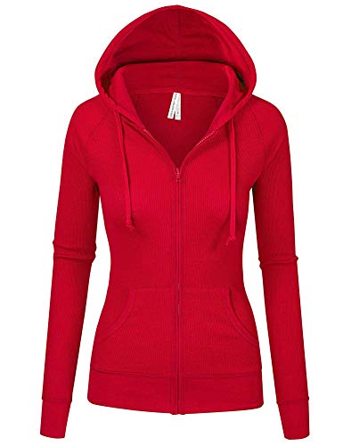 TL Women's Solid Warm Thin Thermal Knitted Casual Zip-Up Hoodie Jacket RED,Medium