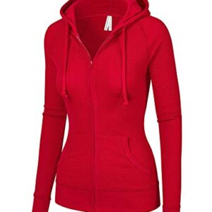 TL Women's Solid Warm Thin Thermal Knitted Casual Zip-Up Hoodie Jacket RED,Medium