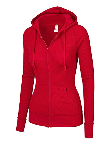 TL Women's Solid Warm Thin Thermal Knitted Casual Zip-Up Hoodie Jacket RED,Medium