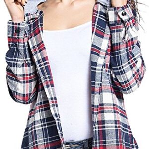 BOMDEALS Women's Classic Plaid Cotton Hoodie Button-up Check Shirts (M,Gray)