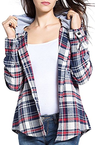 BOMDEALS Women's Classic Plaid Cotton Hoodie Button-up Check Shirts (M,Gray)