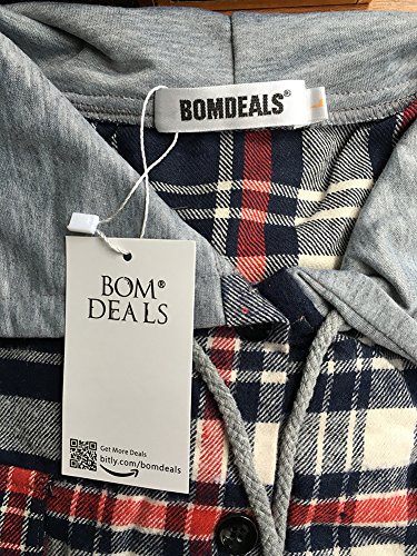 BOMDEALS Women's Classic Plaid Cotton Hoodie Button-up Check Shirts (M,Gray)