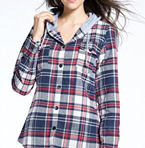 BOMDEALS Women's Classic Plaid Cotton Hoodie Button-up Check Shirts (M,Gray)