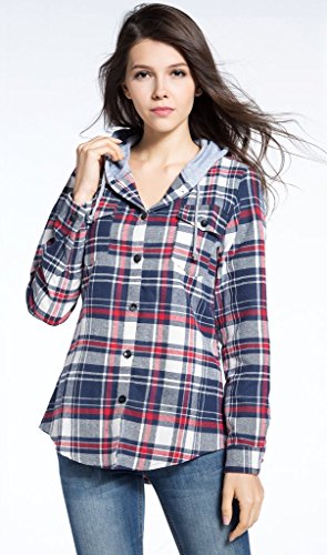 BOMDEALS Women's Classic Plaid Cotton Hoodie Button-up Check Shirts (M,Gray)